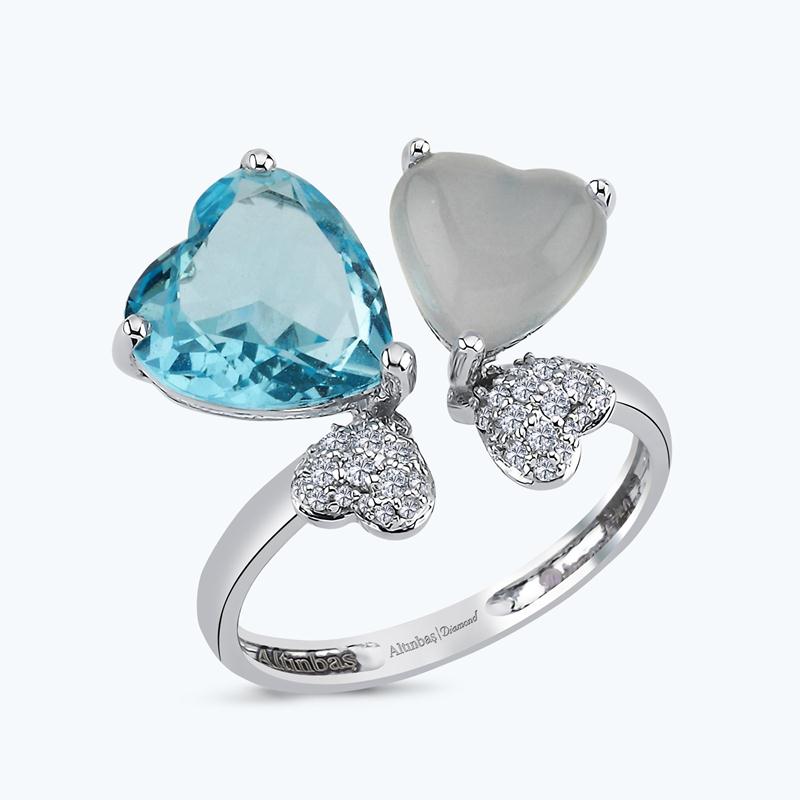 Pırlanta Mavi Topaz Kalp Yüzük